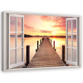 Feeby Bild auf Leinwand - Wandbilder Wohnzimmer Aesthetic - Sonnenuntergang Steg - 120x80 cm XXL 1tlg - Schlafzimmer Wandekoration - Bilder Zimmer - Living 