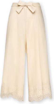 Elena Miro Femme, Pantalons, Beige, Taille: 50 FR Pantalon en Lin &Eacute;court&eacute; avec Dentelle