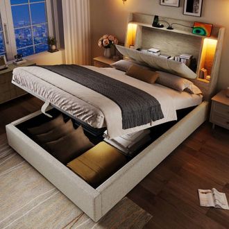 Generic Intelligentes Plattformbett 90x200 beige Leinen - Typ-C-Ladesystem, APP/Touch-Steuerung, LED-Beleuchtung und Flip-Top-Aufbewahrungsmodul (ohne Matratz