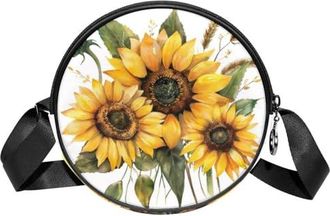 Generic Sac &agrave; bandouli&egrave;re rond pour femme, motif tournesol et fleurs sauvages, petit sac &agrave; dos &agrave; bandouli&egrave;re avec fermeture &eacute;clair, bretelles r&eacute;glables, sac &agrave;