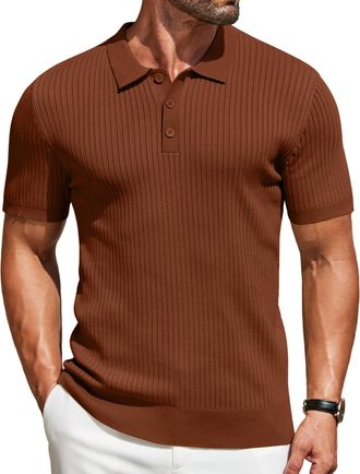 Coofandy Herren Poloshirt Elegant Kurzarm Strick Polohemd Slim Fit Retro Polo Shirts M&auml;nner Sommer T-Shirt Braun XL
