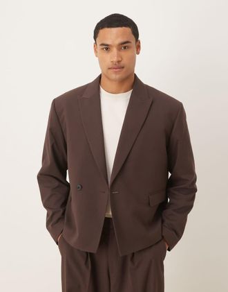 Asos Veste de costume coupe carrée en flanelle - Marron-Brown