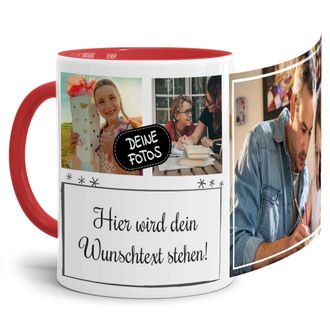 Tassendruck Foto-Tasse selbst gestalten mit Text & Collage f&uuml;r 3 Fotos - Geschenk f&uuml;r Familie, Freunde, Geburtstag, Weihnachten - Keramik Innen & Henkel Rot, 300 
