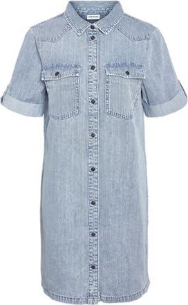 Noisy May Robe en Jean midi à Manches Courtes pour Femme col de Chemise et Poches Poitrine, Couleurs:Bleu-Clair, Taille:XS