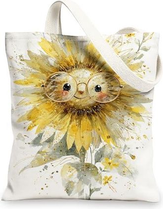 Generic Sacs à provisions réutilisables avec motif floral mignon, légers et lavables avec bandoulière, jaune, 33 x 15 cm