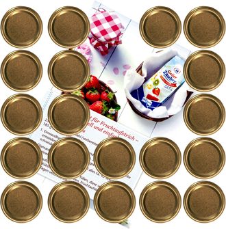 MamboCat 20er Set Deckel to 66 Uni Gold passend für 125ml Gläser incl. Diamant-Zucker Gelierzauber Rezeptheft