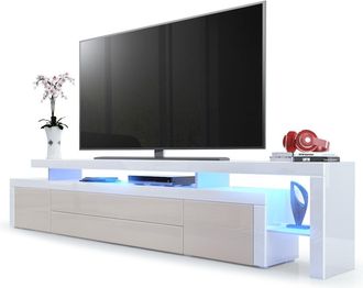 Vladon TV Board Lowboard Leon V3, Made in Germany, Korpus und &Uuml;berbau in Wei&szlig; Hochglanz/Front in Sandgrau Hochglanz mit Rahmen in Wei&szlig; Hochglanz inkl. LED Be