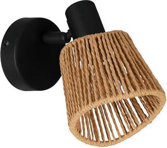 Eglo Wandlampe innen Keelby, Wandleuchte mit schwenkbarem Strahler, Leselampe aus Stahl in Schwarz, Bast Papier in Naturfarben, Wandstrahler mit E14 Fassun
