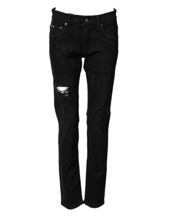 Dolce & Gabbana Black Tattered Cotton Men Skinny Denim Jeans Co+02 Clothing