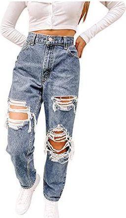 Generic Jeans pour femme taille haute baggy d&eacute;chir&eacute; trou petite jeans jambe courte l&eacute;ger respirant denim capri pantalon tendance durable pantalon de d&eacute;tente a