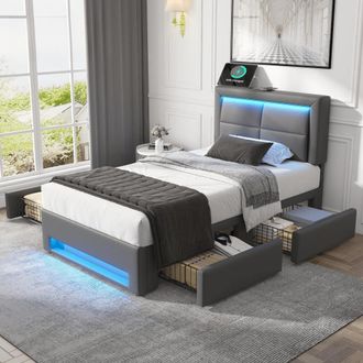 Generic Multifunktionsbett mit Ladestation (USB/kabellos) - LED-Beleuchtung, 4 Schubladen und schwarzes PU-Finish - 90x200 (Streichh&ouml;lzer Nicht im Lieferumfan