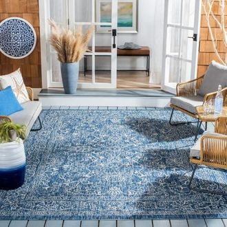 Safavieh Geometrisch Teppich für Drinnen & Draussen - Courtyard, Kurzer Flor, Grau und Marineblau, 244 X 335 cm