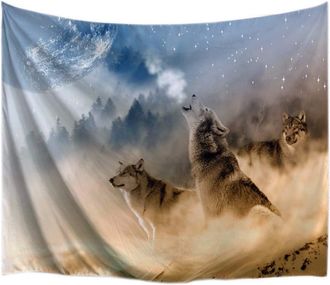 A.Monamour Wanddekor Wandteppiche Wölfe Brüllen Auf Dem Runden Mond In Der Wilden Nebligen Wald Berglandschaft Druck Stoff Wand Hängen Tapisserie Wandmaler Für K