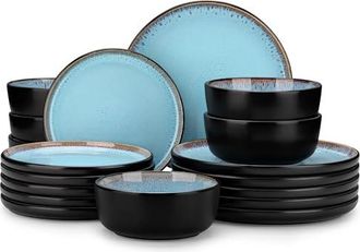 VANCASSO AMBER Service de Table 6 Personnes, Set Vaisselle 18 Pièces en Grès - Assiettes Plates, Assiettes à Dessert et Bols - Adapté au Micro-Ondes, Glaçure B