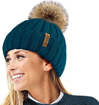 TOSKATOK Femmes Hiver Rib Bonnet/Beanie avec Chunky détachable en Fausse Fourrure Bobble Pom Pom-Taille Unique-Teal