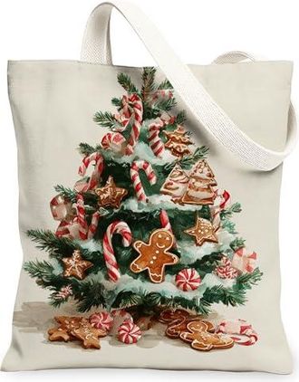 Generic Sacs fourre-tout vintage en toile de No&euml;l, motif arbre festif et biscuit, sacs d&eacute;picerie r&eacute;utilisables, l&eacute;gers et lavables en toile pour les vacances,