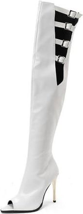 Generic Sandales &agrave; talons aiguilles pour femme - Bout pointu - Sangle &agrave; boucle - Fermeture &eacute;clair lat&eacute;rale - &Agrave; enfiler - Tendance au-dessus du genou, blanc, 3