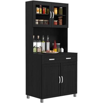 HOMCOM Buffet haut cuisine - HOMCOM - 4 portes dont 2 en verre, tiroir, &eacute;tag&egrave;res r&eacute;glables - MDF panneau de particules - 80x48x170cm - noir