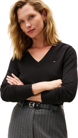 Tommy Hilfiger Damen Pullover Jersey V-Neck Strickpullover, Schwarz (Black), XXS