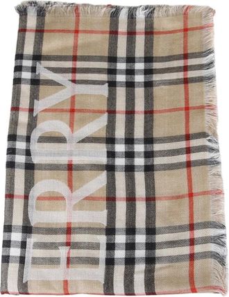 Burberry Femme, Accessoires, Beige, Taille: ONE Size Wide EKD Check Wool Silk Scarf