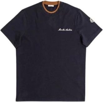 Moncler Homme, Tops, Bleu, Taille: 2XL T-shirt en coton avec logo brod&eacute;