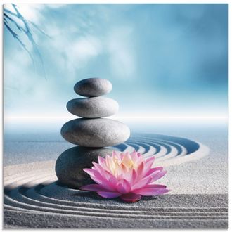 Artland ARTland Wanddeko Glasbilder Wandbild Glas Bild einteilig Quadratisch Asien Wellness Zen Steine Sand Blumen Lotusblume Spa Entspannung Blau S5XU