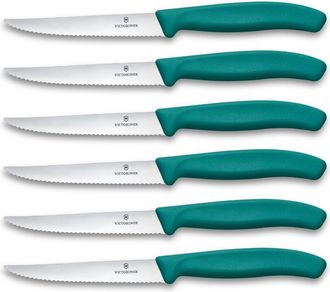 Victorinox by Swiss Army Swiss Classic Profi Steak- und Pizzamesser-Set, 6-teilig, Tafelmesser, Wellenschliff, Scharfe Klingen, 11 cm, Robuste Kunststoffgriffe, Gr&uuml;n
