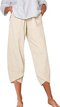 Generic Pantalon L&eacute;ger Femme Fluide Ample Lin Ample Pantalon Femme D&eacute;contract&eacute; &Eacute;t&eacute; &Eacute;lastique Taille Haute en Lin Jambe Droite Jambe Large Court Vetement Large