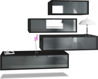 Vladon Wohnwand Lana V3 Anbauwand aus 4 Hängeelementen mit 10 Fächern, Made in Germany, Korpus in Schwarz matt, Fronten in Grau Hochglanz | Große Farbauswahl