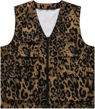 SOLY HUX Y2K Gilet l&eacute;opard sans manches pour homme avec poches, fermeture &eacute;clair, fin, col en V, L&eacute;opard, L