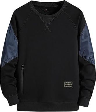 Generic Pull à col rond pour homme - Couleur unie - Manches patchwork - Pull dhiver sans capuche - Pull dhiver coupe ajustée, Noir, 3XL