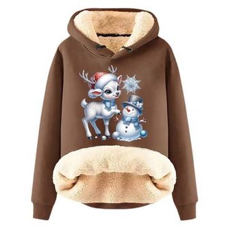 Generic 2026 Printemps Mode No&euml;l Bonhomme de Neige Et Cerf Imprim&eacute; Femmes Automne Hiver Velours &Eacute;pais Chaud Cardigan Sweat &agrave; Capuche, marron, XXL