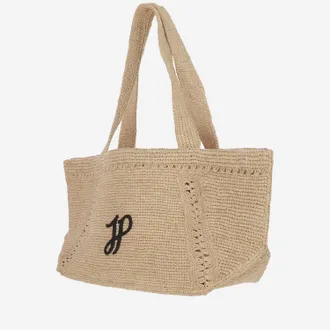 Patou Embroidered Logo Raffia Tote Bag - Beige