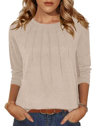 Zeagoo Langarmshirt Damen Rundhals T-Shirts Einfarbig Casual Oberteile Herbst und Winter Falten Bluse Tops Langarm Basic Tee Beige S