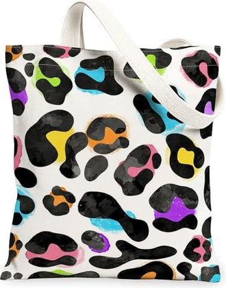 Generic Sacs fourre-tout en toile imprim&eacute; l&eacute;opard, sacs d&eacute;picerie r&eacute;utilisables, l&eacute;gers et lavables avec bandouli&egrave;re en toile F, multicolore, 13x15 Inch