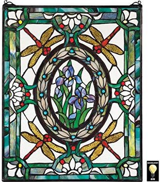 Design Toscano Libellen- und Blumendekor Hängende Buntglasfensterpaneele, Buntglas, Vollfarbe, 63,5 cm