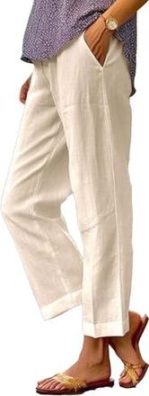 Generic Pantalon de plage à jambe droite pour femme - Coton et lin - Couleur unie - Taille élastique - Poches - Grande taille - Pantalon décontracté pour femm