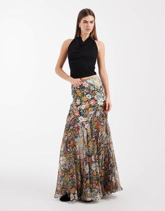 Asos Jupe en satin et mousseline avec ourlet plongeant et imprim&eacute; fleuri-Multicolore