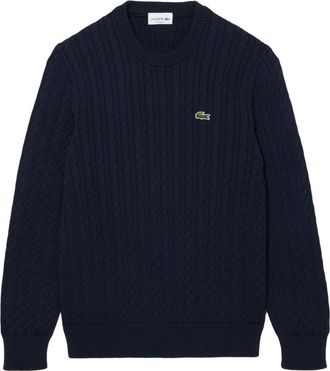 Lacoste Rundhalspullover in Zopfstrickmuster mit kleinem Krokodil-Aufn&auml;her in