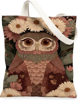 Generic Sacs fourre-tout en toile motif floral hibou, sacs &agrave; provisions r&eacute;utilisables, sacs &agrave; provisions dautomne vintage l&eacute;gers lavables &agrave; l&eacute;paule Str, marro