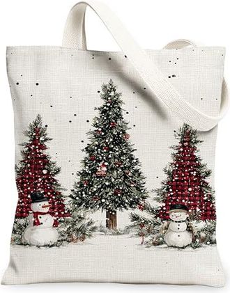 Generic Sac fourre-tout en toile motif bonhomme de neige dhiver, motif arbre festif, sac d&eacute;picerie, sac d&eacute;picerie r&eacute;utilisable, en lin rustique, avec bandouli