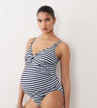 Mama Licious Mamalicious Maternity - Badeanzug mit marineblauem Streifenmuster, Knotendetail am Dekollet&eacute; und Still-Clip-Funktion-Navy
