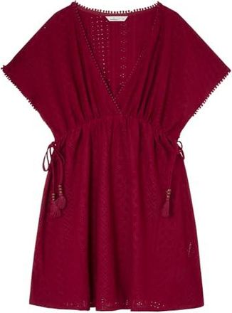 Springfield Robe midi avec Mini Boules de Coton Autour du Cou et Fines Bretelles fronc&eacute;es &agrave; la Taille Courte, Tunique brod&eacute;e Suisse pour Femme, Grenat Standard, S