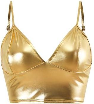 Generic Crop Tops m&eacute;talliques brillants pour femme - Couleur unie - Dos nu - Bustier sexy - Haut rave - D&eacute;bardeur en PU - Bretelles spaghetti - Col en V - Sis