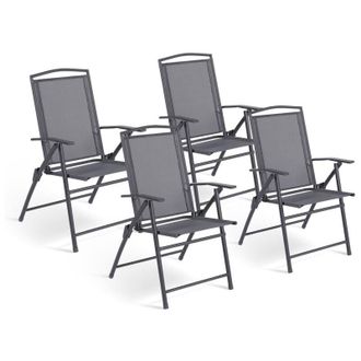 IDMarket Lot de 4 chaises de jardin pliantes avec accoudoirs ALGHERO m&eacute;tal et textil&egrave;ne gris anthracite