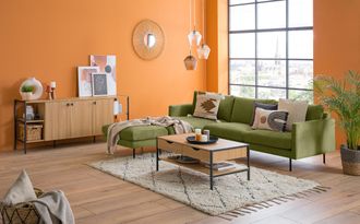 M&oslash;rteens home24 Ecksofa mit Longchair Gr&uuml;n Cordstoff Licia 262 x 82 x 156cm Longchair davorstehend links Skandi