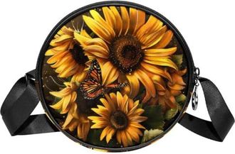 Generic Petit sac &agrave; bandouli&egrave;re rond pour femme, motif tournesol et papillons avec fermeture &eacute;clair et bretelles r&eacute;glables