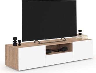 IDMarket Meuble TV 140 cm ELI bois façon hêtre portes blanches