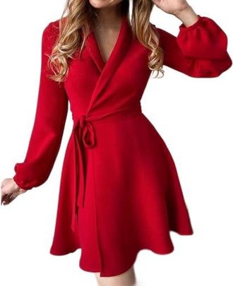 Generic Robe amincissante 2026 pour femme, robe de bal &agrave; manches longues, couleur unie, col en V, pyjama &eacute;l&eacute;gant avec ceinture, Rouge, XL