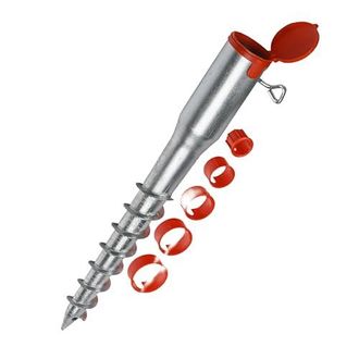 Relaxdays Bodenh&uuml;lse, f&uuml;r Sonnenschirm & W&auml;schespinne, zum Eindrehen, 26-65 mm Stangendicke, Bodend&uuml;bel, Silber/rot